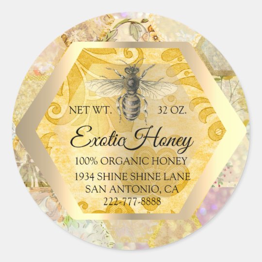 Honey Jar Honeybee Honeycomb Apiary Glitter GOLD Classic Round Sticker ...