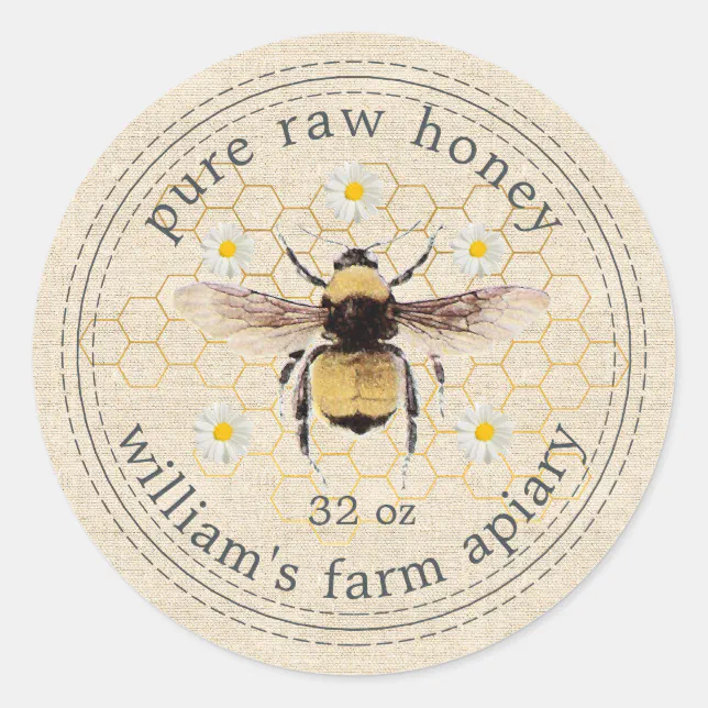 Honey Jar Label Honeybee Apiary Rustic Linen | Zazzle