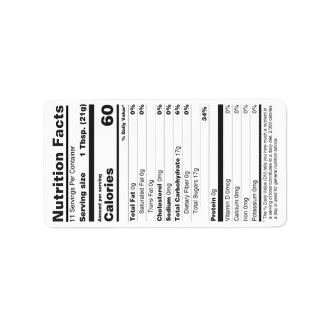 Honey Nutrition Facts Label Small 2020 White | Zazzle