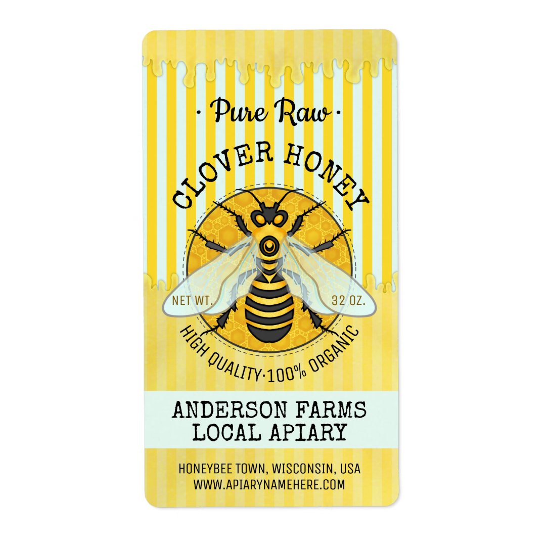Honeybee Honey Jar Apiary Bee Labels | Striped | Zazzle