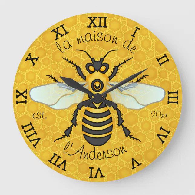 Honeybee Honeycomb French Bee Family Name Elegant Large Clock | Zazzle