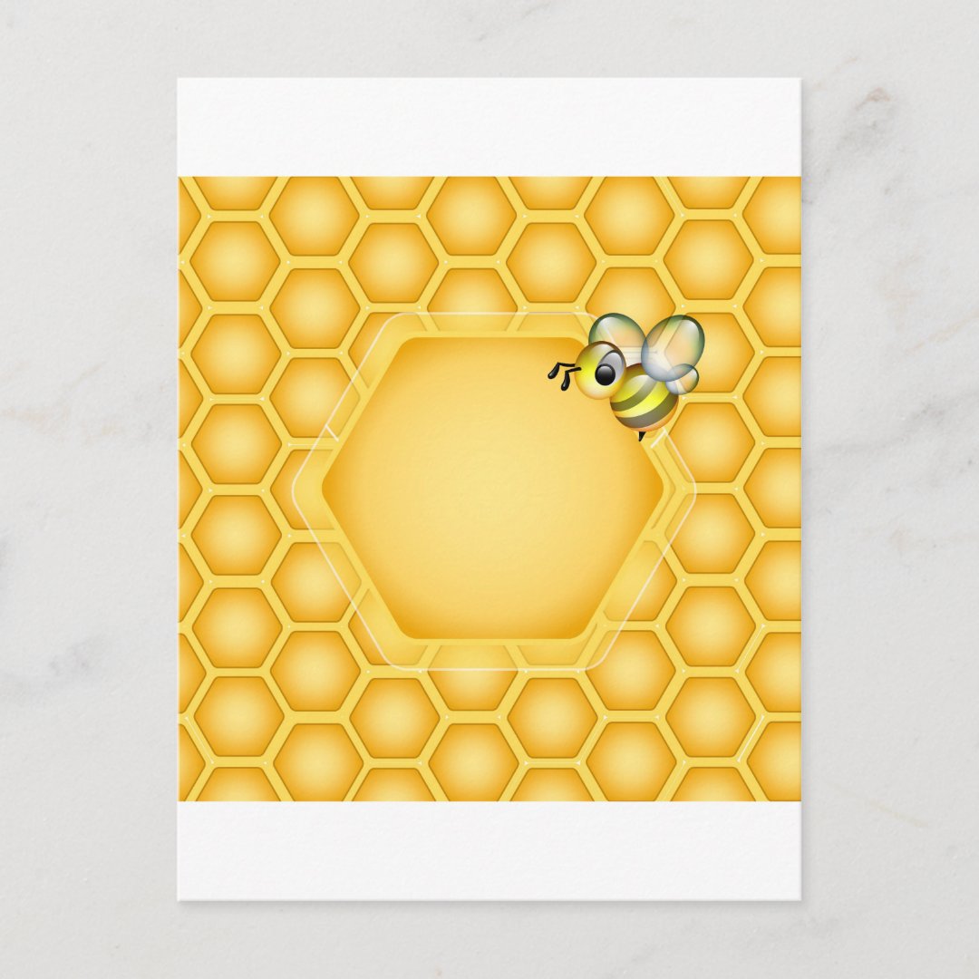 Honeycomb background with a cute honeybee postcard | Zazzle