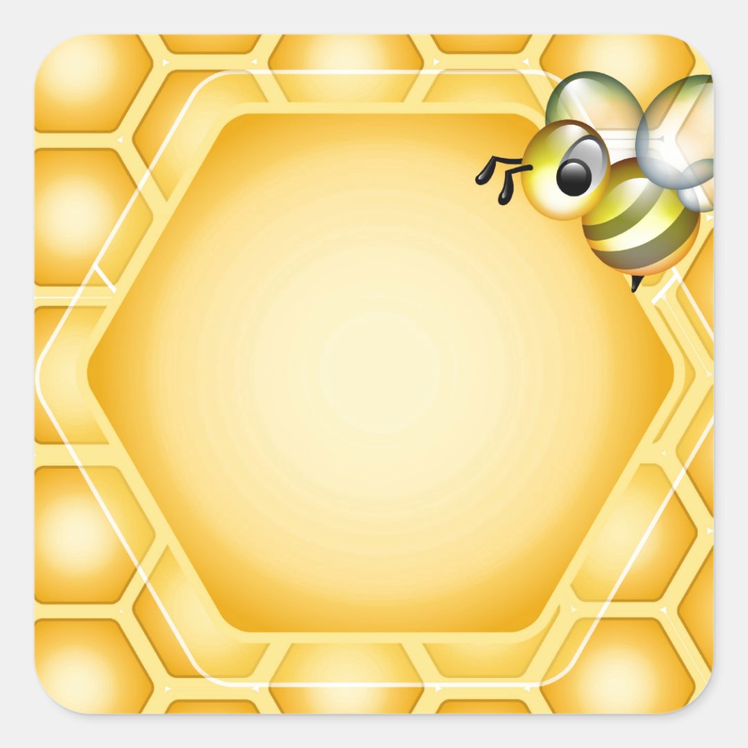 Honeycomb background with a cute honeybee square sticker | Zazzle