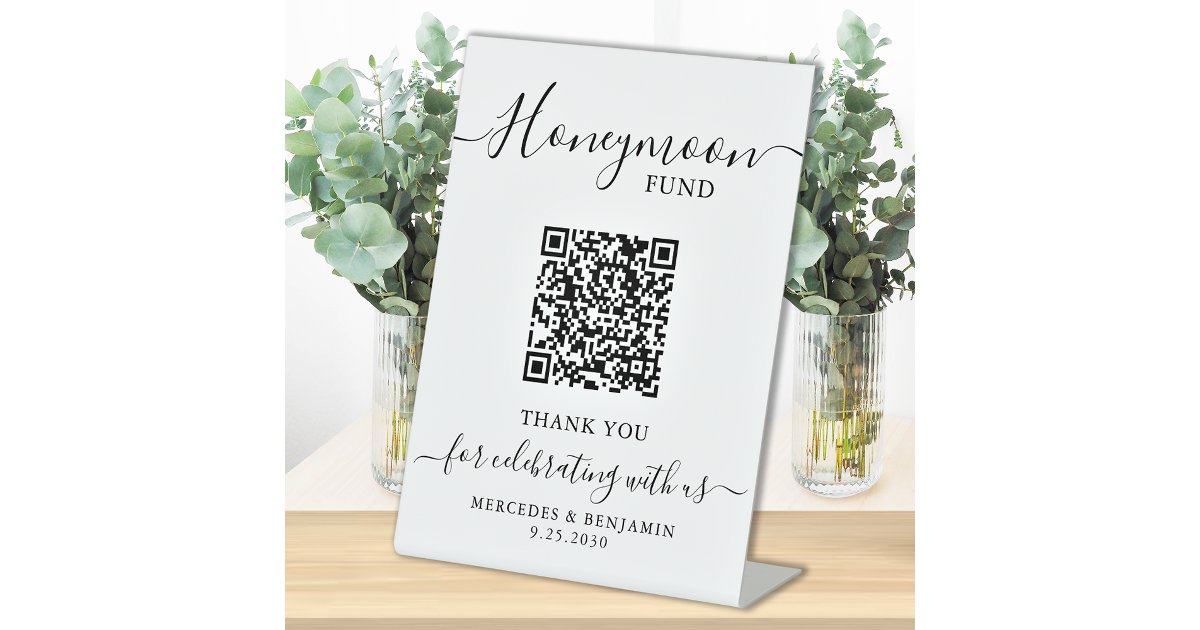 Honeymoon Fund Elegant Calligraphy QR Code Wedding Pedestal Sign | Zazzle