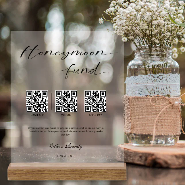 Honeymoon Fund Modern Cash QR Code Wedding Wooden Acrylic Sign | Zazzle