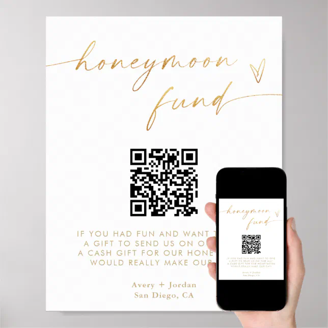 Honeymoon Fund QR Code Sign, Gold Foil Effect Poster | Zazzle