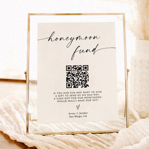 Honeymoon Fund QR Code Sign, Minimalist Wedding Poster | Zazzle
