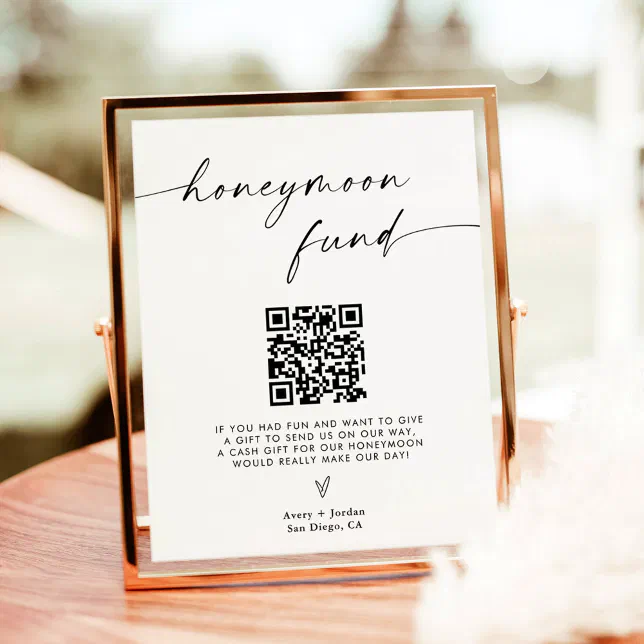 Honeymoon Fund QR Code Sign, Minimalist Wedding Poster | Zazzle