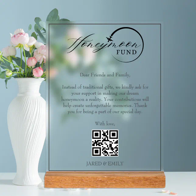 Honeymoon Fund Qr Code Travel Fund Request Acrylic Sign | Zazzle