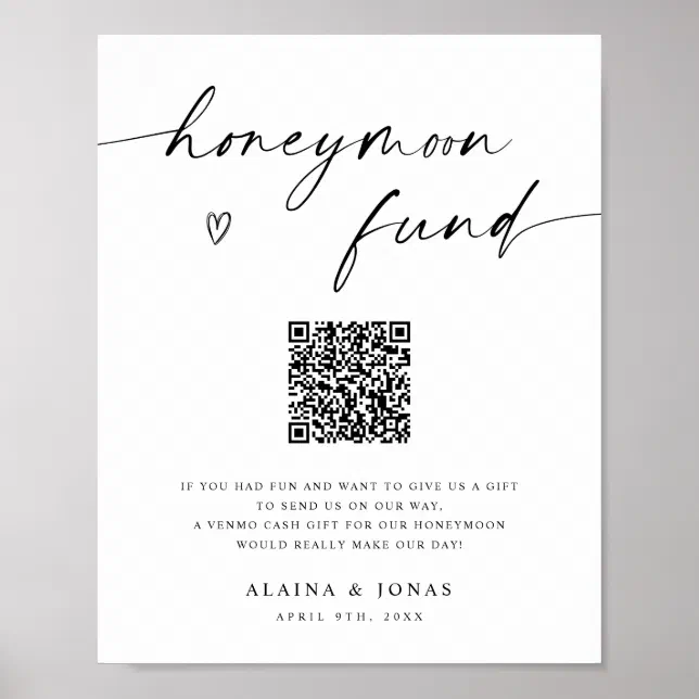 Honeymoon Fund Venmo QR Code Wedding Poster | Zazzle