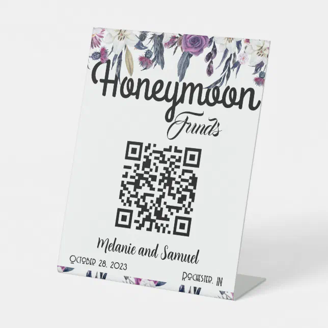 Honeymoon Funds QR Code Gothic Floral Wedding Pedestal Sign | Zazzle
