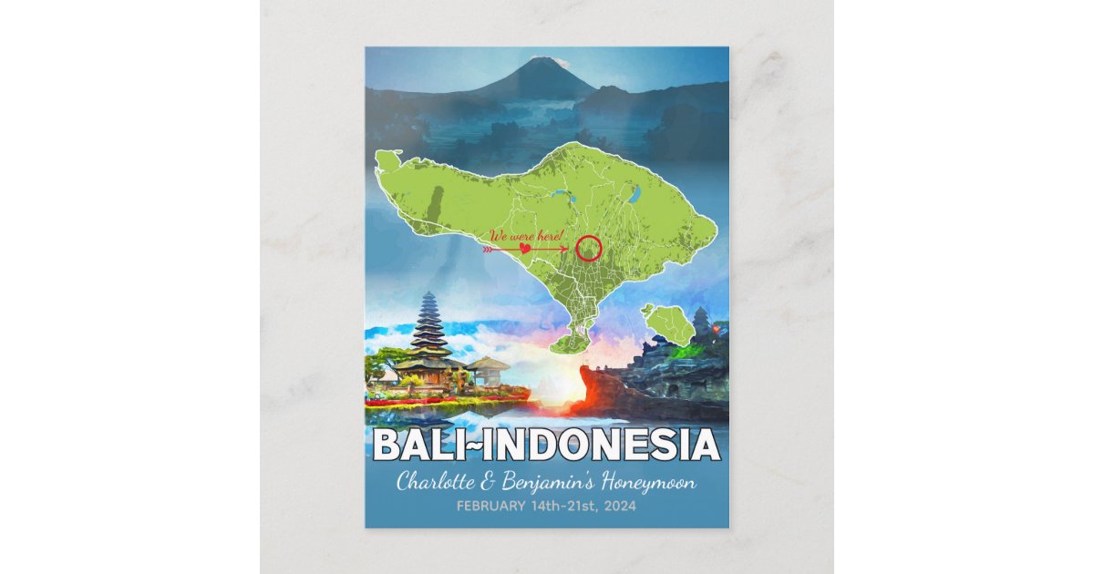 Honeymoon Vacation Memories - Bali Indonesia Map Postcard | Zazzle