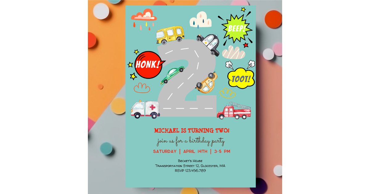 Honk beep toot vehicles boy birthday invitation | Zazzle