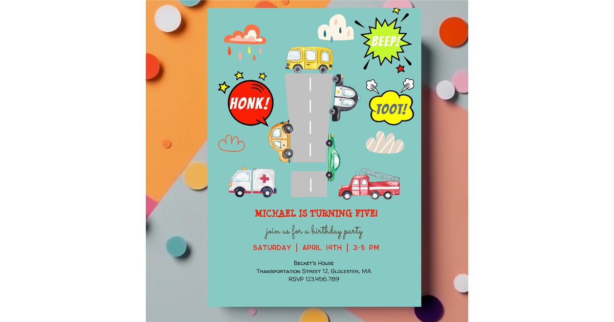 Honk beep toot vehicles boy birthday invitation | Zazzle