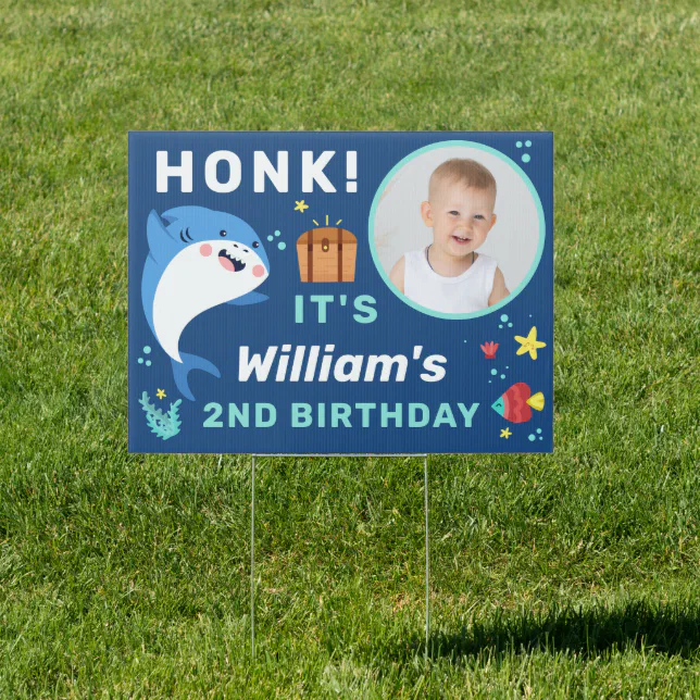 Honk Cute Shark Kids Photo Navy Blue Birthday Yard Sign | Zazzle