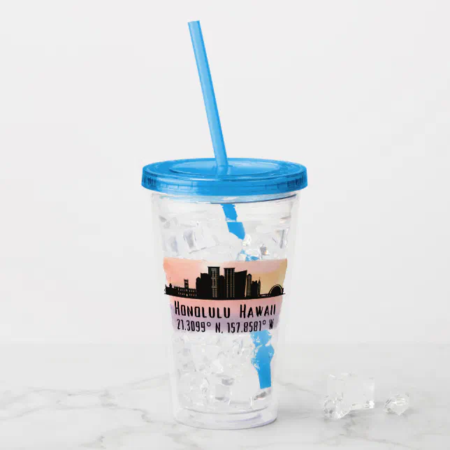 Honolulu Skyline Latitude and Longitude Acrylic Tumbler | Zazzle