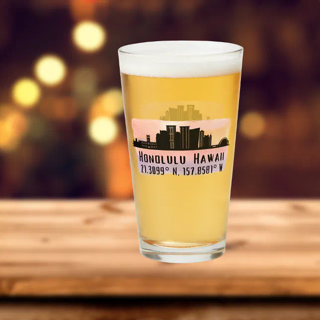 Honolulu Skyline Latitude and Longitude Pint Glass | Zazzle