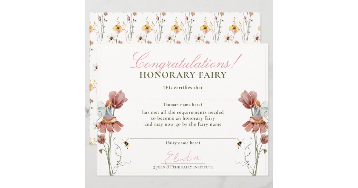 Honorary Fairy First Vintage Floral Certificate | Zazzle