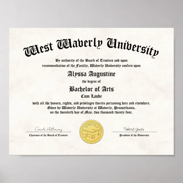 Honors College or University Diploma Replica Poster | Zazzle