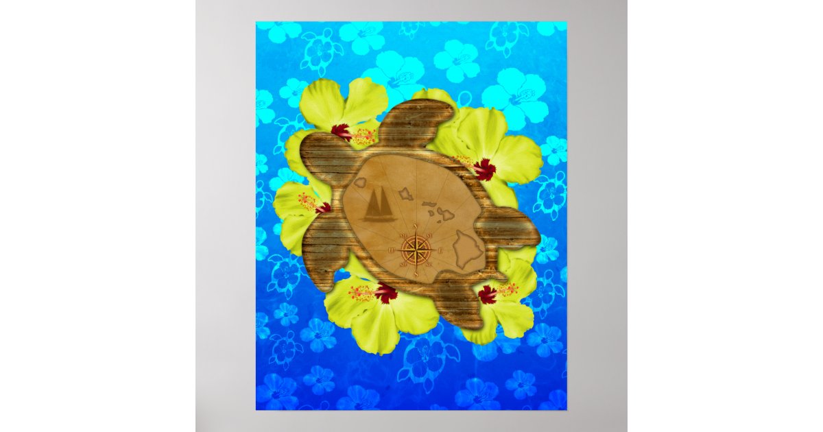 Honu Hawaiian Nautical Map Poster | Zazzle