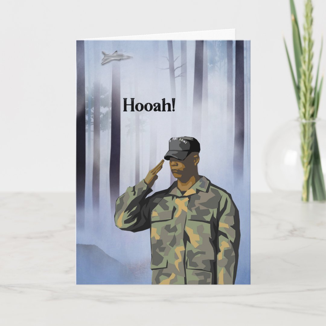 Hooah Army Card with Saluting Man Trees & Jet | Zazzle