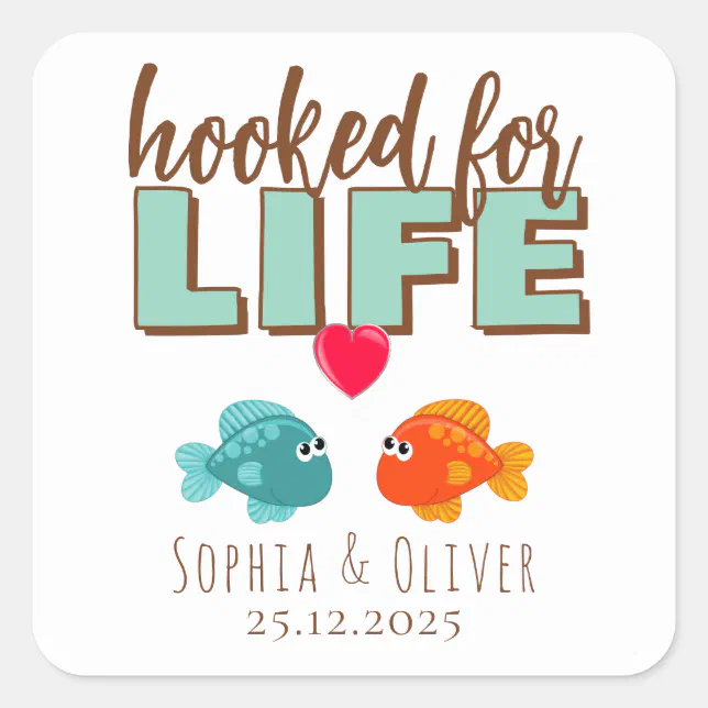 Hooked For Life, Fish In Love, Custom Square Sticker | Zazzle
