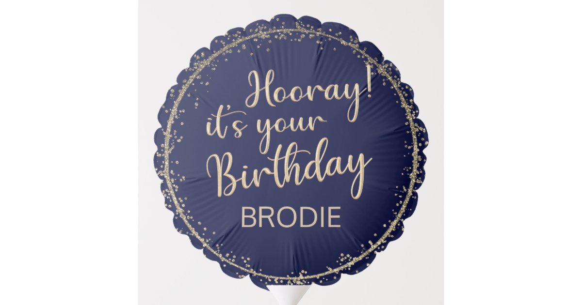 Hooray Metallic Gold and Glitter on Navy Birthday Balloon | Zazzle