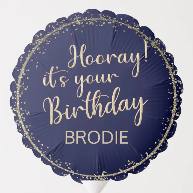 Hooray Metallic Gold and Glitter on Navy Birthday Balloon | Zazzle