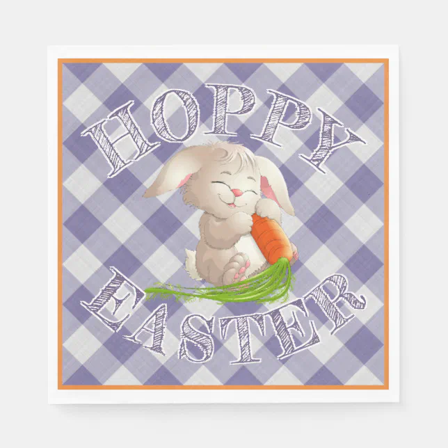 Hoppy Happy Easter Bunny Violet Gingham Pattern Paper Napkins | Zazzle