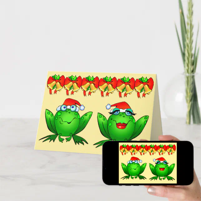 Hoppy Holidays Cartoon Frogs Santa Hats Bells Holiday Card | Zazzle