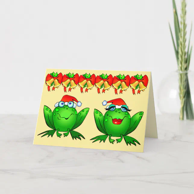 Hoppy Holidays Cartoon Frogs Santa Hats Bells Holiday Card | Zazzle