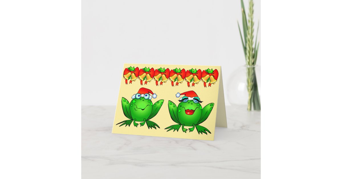 Hoppy Holidays Cartoon Frogs Santa Hats Bells Holiday Card | Zazzle