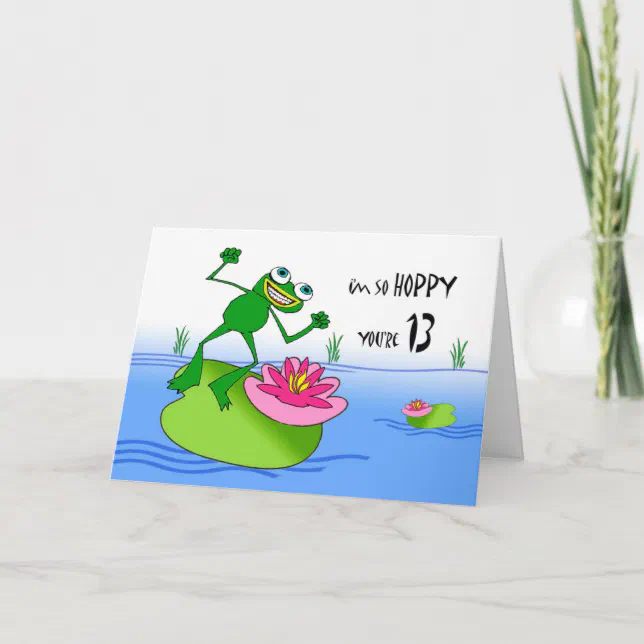 Hoppy Thirteenth 13th Birthday, Funny Frog at Pond Card | Zazzle