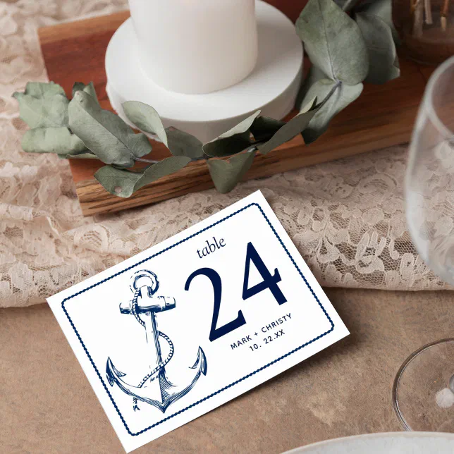 Horizontal Navy Nautical Sketch Anchor Table Number | Zazzle