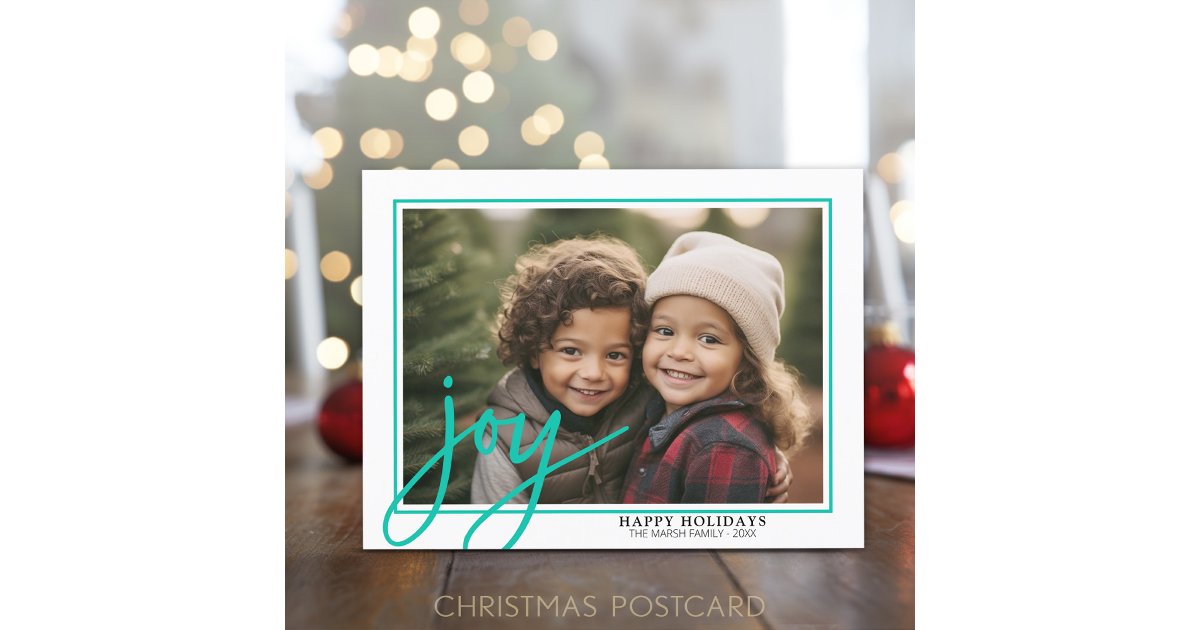 Horizontal Photo - large Joy Script white border - Holiday Postcard ...