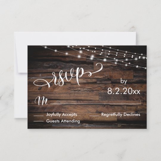 Horizontal Rustic Wood & Light Strings Event RSVP | Zazzle.com