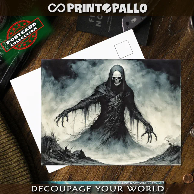 Horror death skull in black cloack postcard | Zazzle