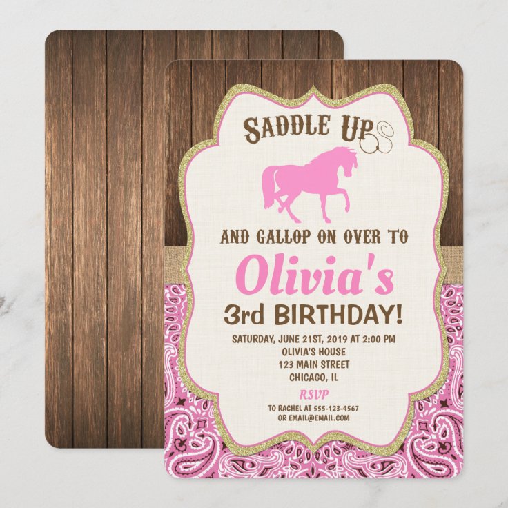 Horse birthday invitation girl pink gold rustic | Zazzle