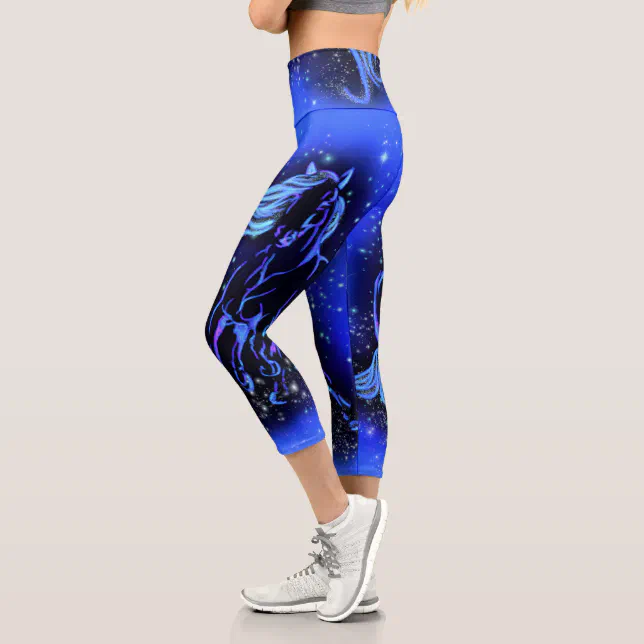 Horse Capri Leggings Running In Blue Starry Night | Zazzle