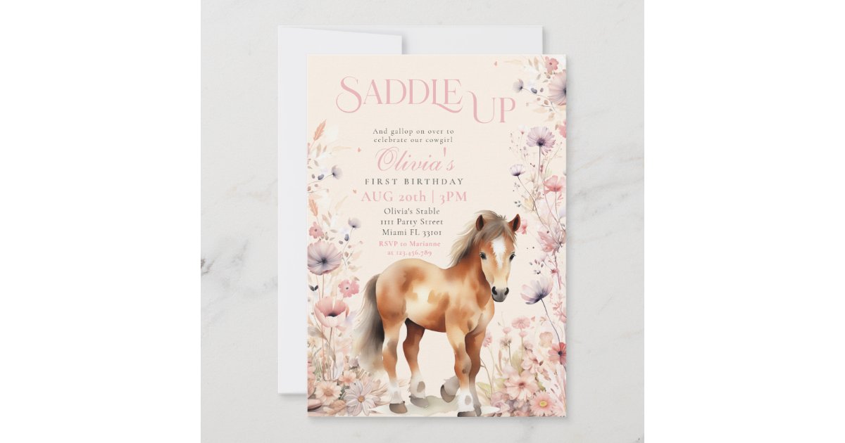 Horse Cowgirl Equestrian Wildflowers Pink Birthday Invitation | Zazzle