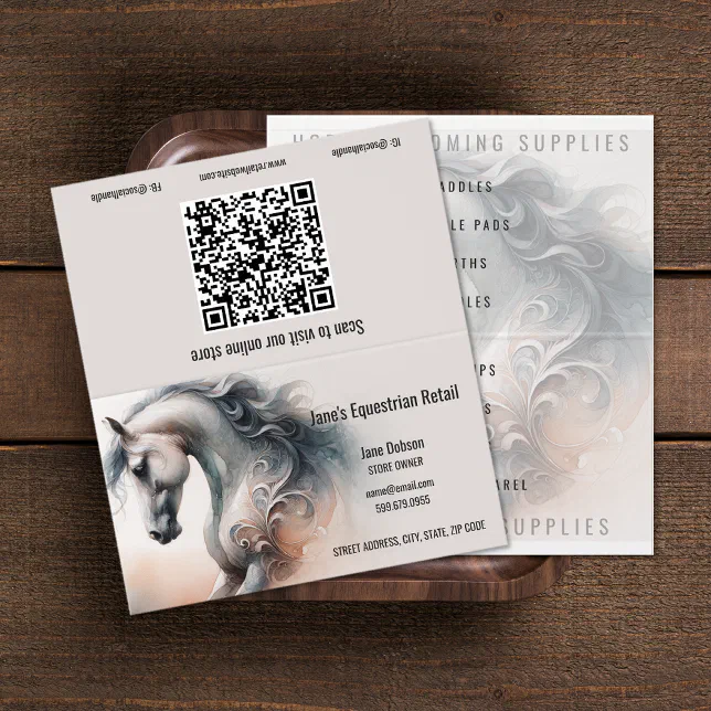 Horse Equestrian QR Code Folded Business Cards | Zazzle