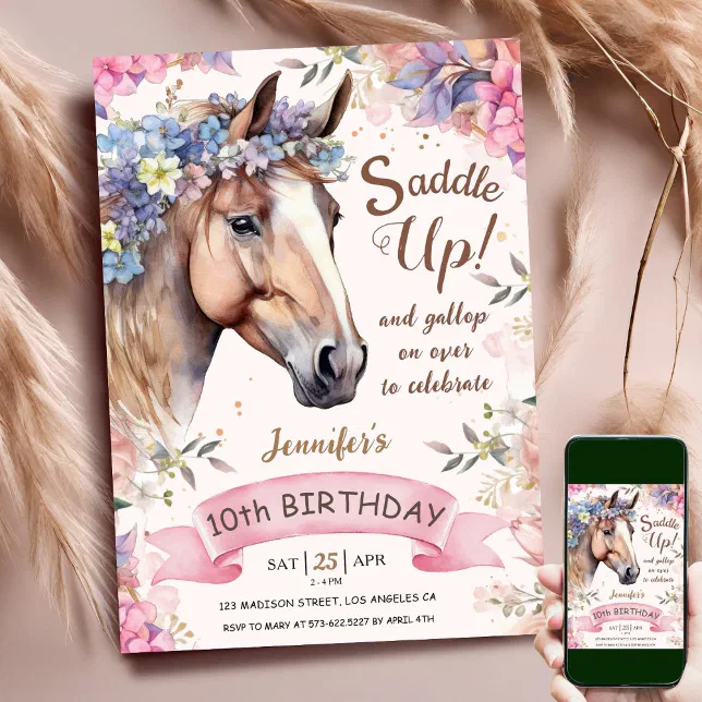 Horse Girl 10th Birthday Pink Flowers Saddle Up Invitation | Zazzle