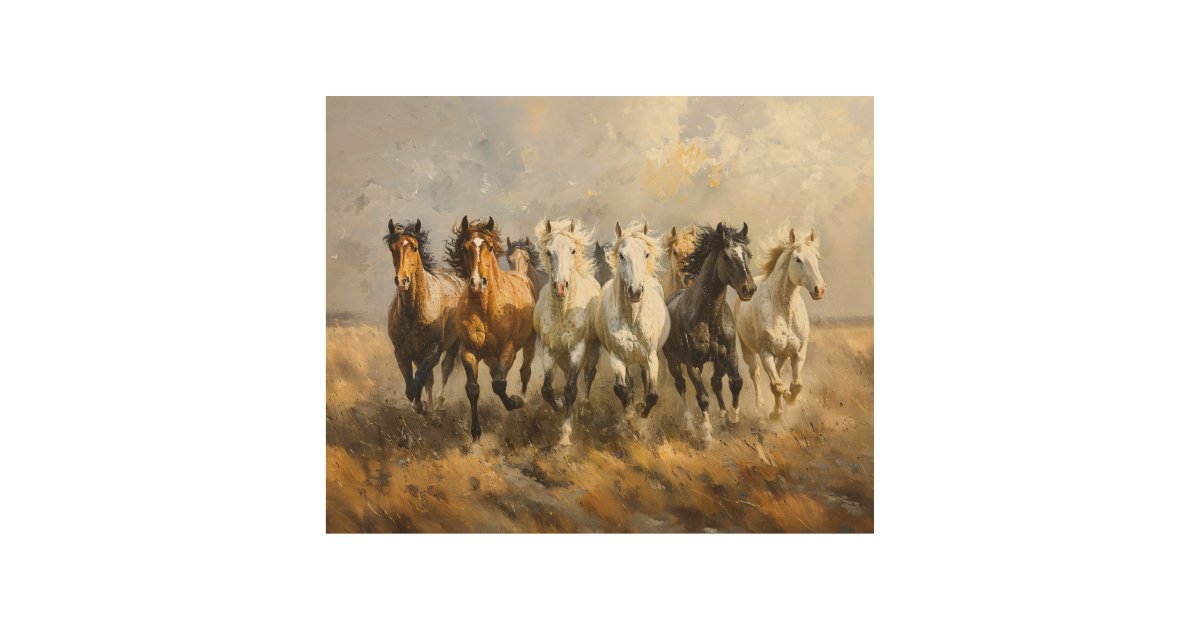 Horse Herd Galloping Mustang Painting Wood Wall Art | Zazzle