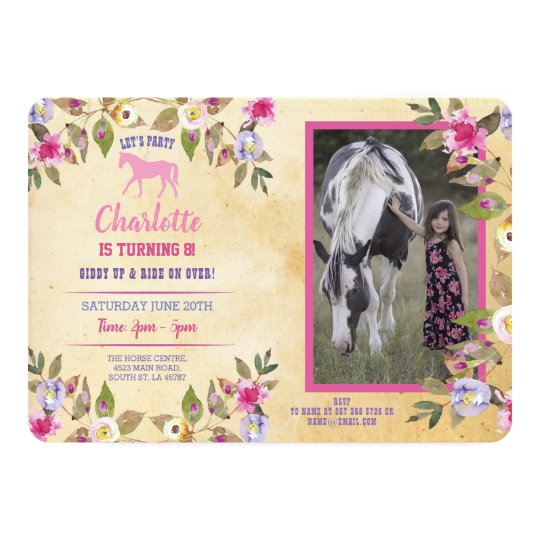 Horse Party Floral Flowers Pony Pink Invitation | Zazzle.com