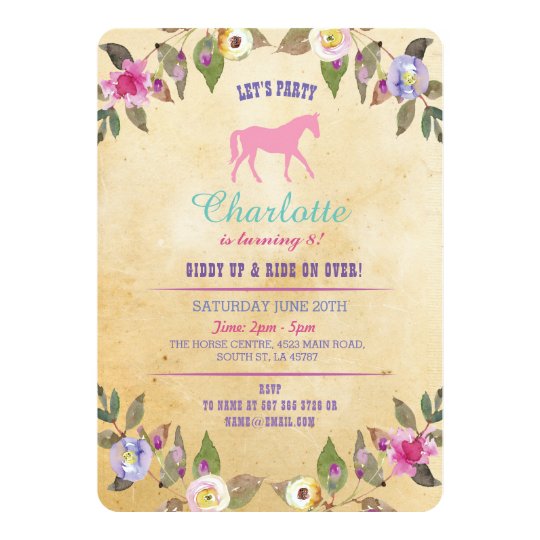 Horse Party Floral Invite Pony Pink Invitation | Zazzle.com