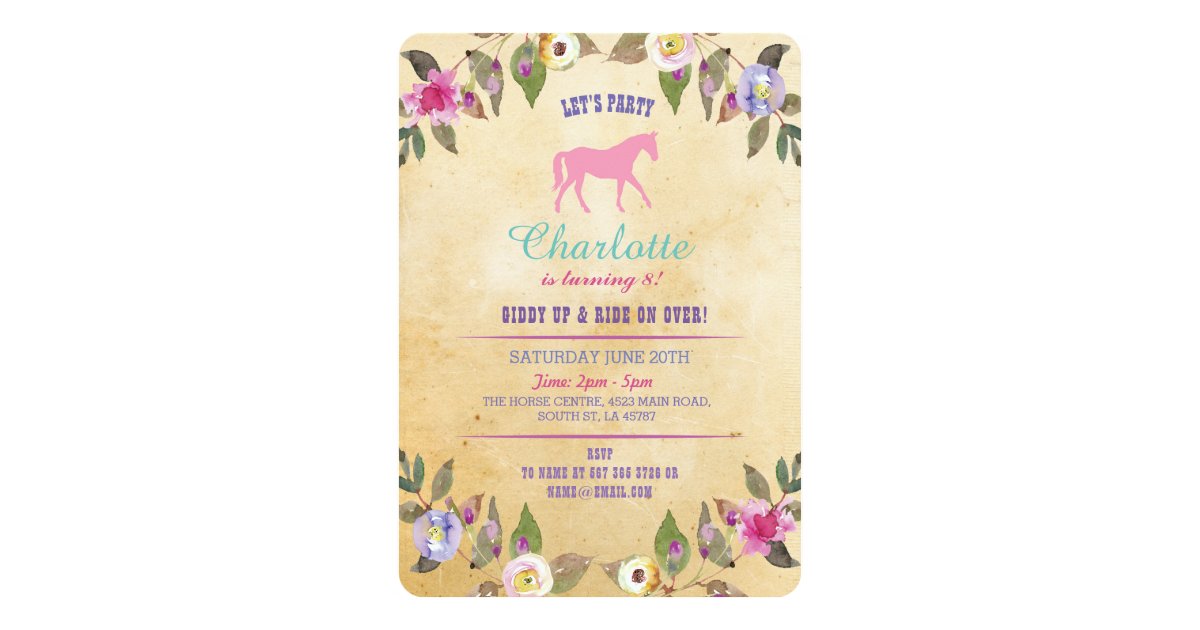Horse Party Floral Invite Pony Pink Invitation | Zazzle.com
