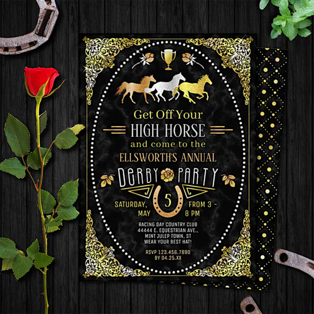 Horse Racing Derby Day Party Art Deco Black Gold Invitation | Zazzle