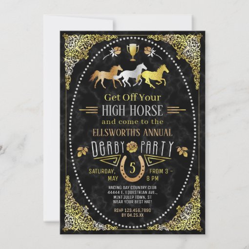 Horse Racing Derby Day Party Art Deco Black Gold Invitation | Zazzle