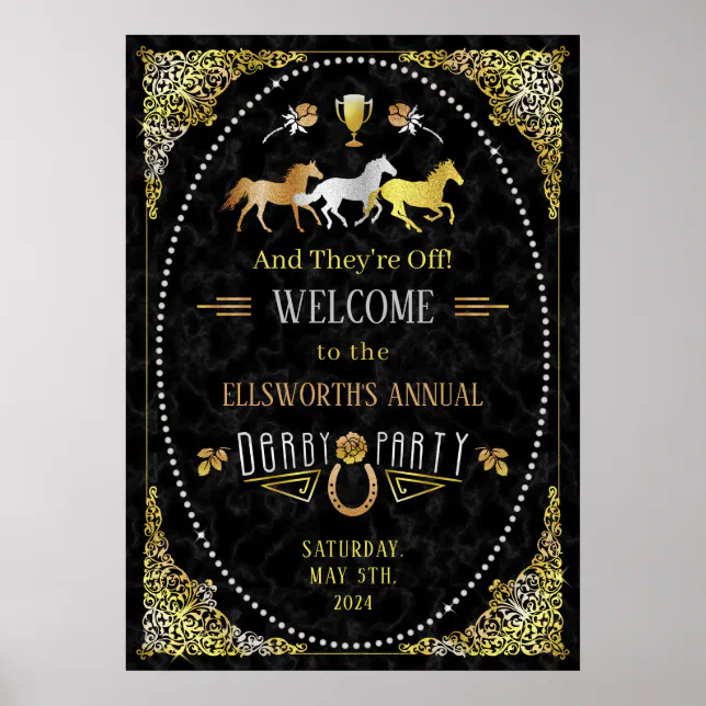 Horse Racing Derby Day Party Art Deco Black Gold Poster | Zazzle