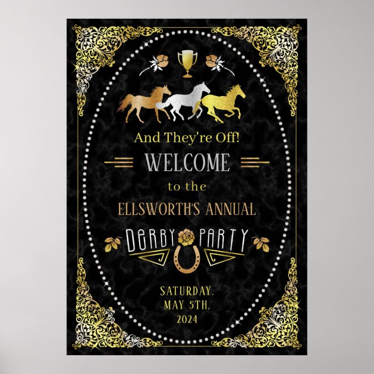 Horse Racing Derby Day Party Art Deco Black Gold Poster | Zazzle